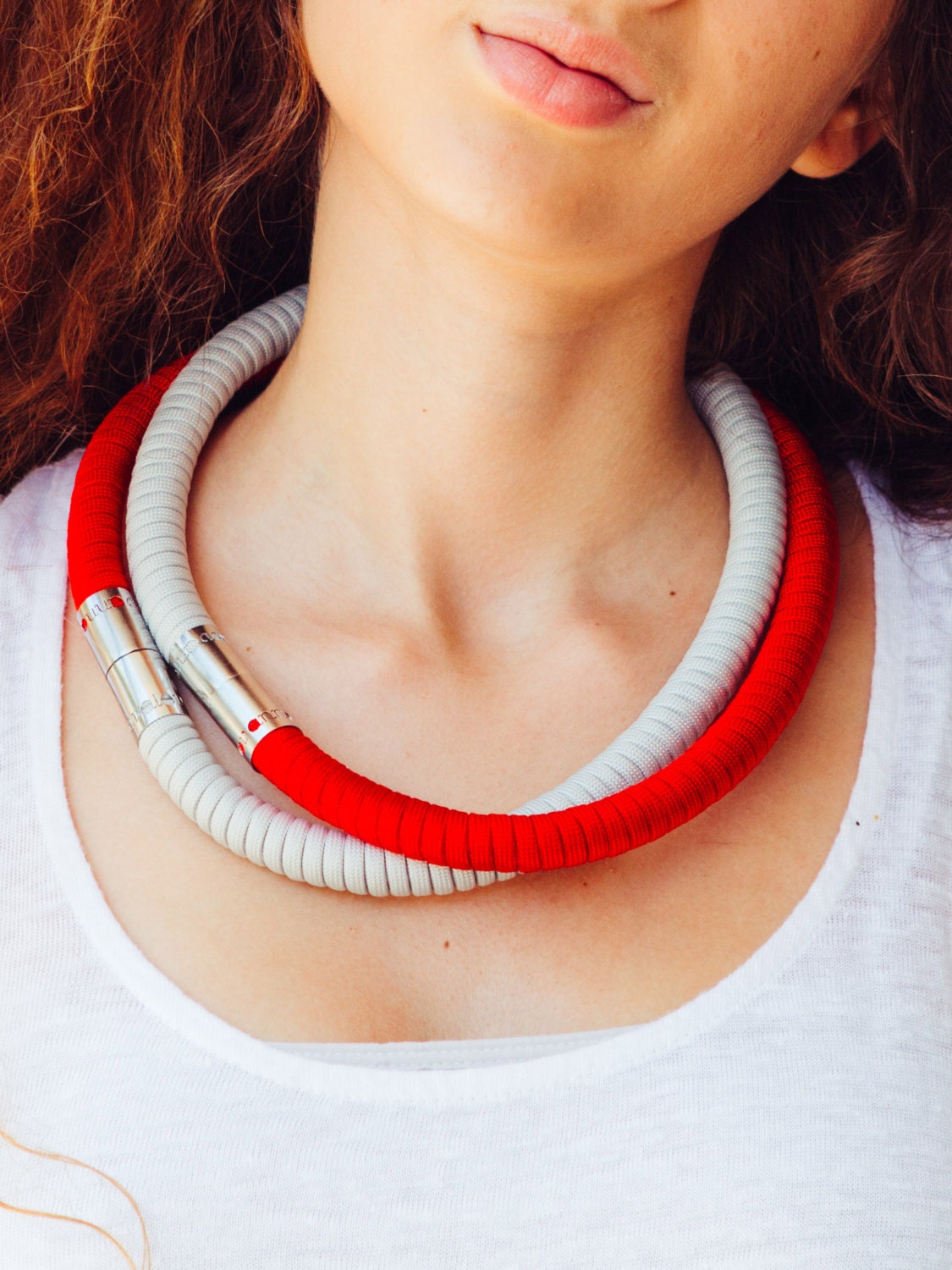 Red Contemporary Necklace, Silver Grey Necklace, Trending Necklace, Red ...