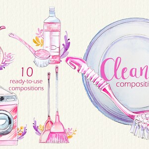 Watercolor Cleaning Compositions Clipart Set,household,tidy Up,washing ...