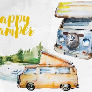 Watercolor Happy Camper Clipart Set,illustration,graphic,cmping Trailer ...