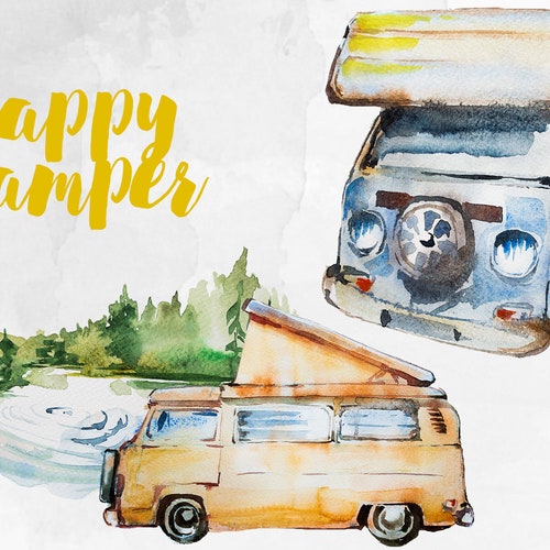 Watercolor Happy Camper Clipart - Etsy