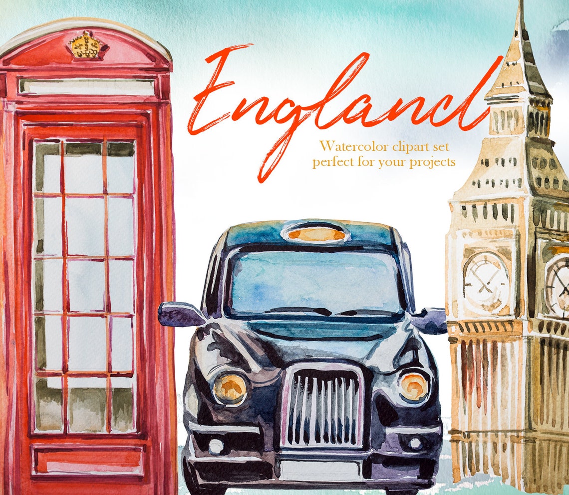 Watercolor England Clipart Set,retro Vehicles,london,cab,red Bus,big ...