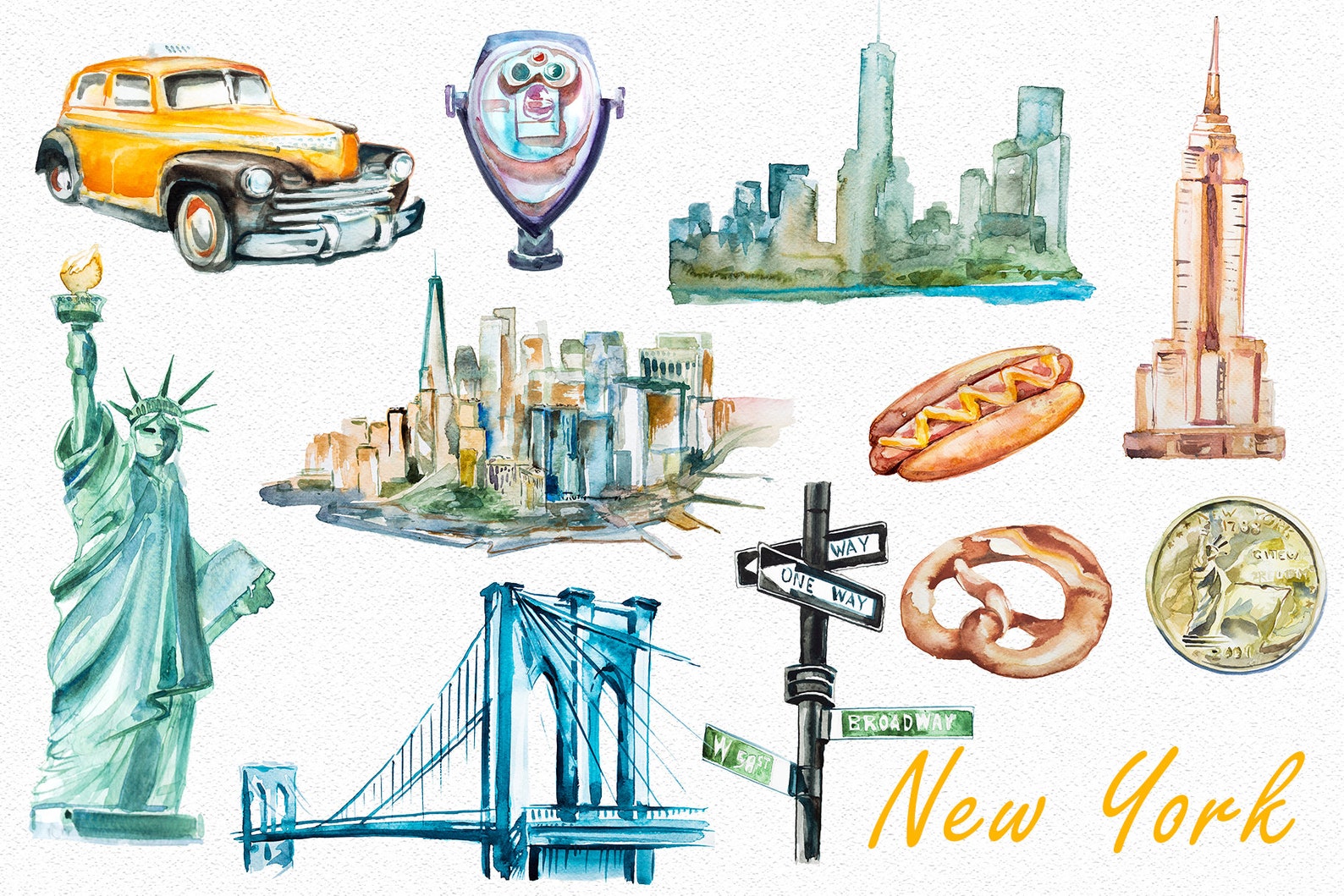 Watercolor New York Clipart Set,new York City,hot Dog,empire State ...