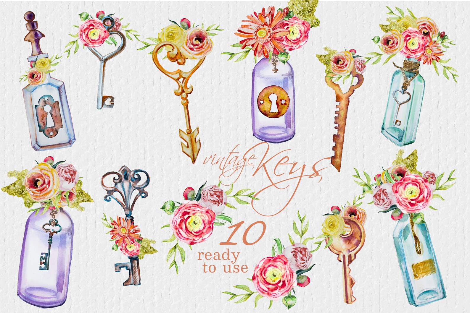 Watercolor Vintage Keys Clipart,ready to Use,wedding Diy,design Element ...
