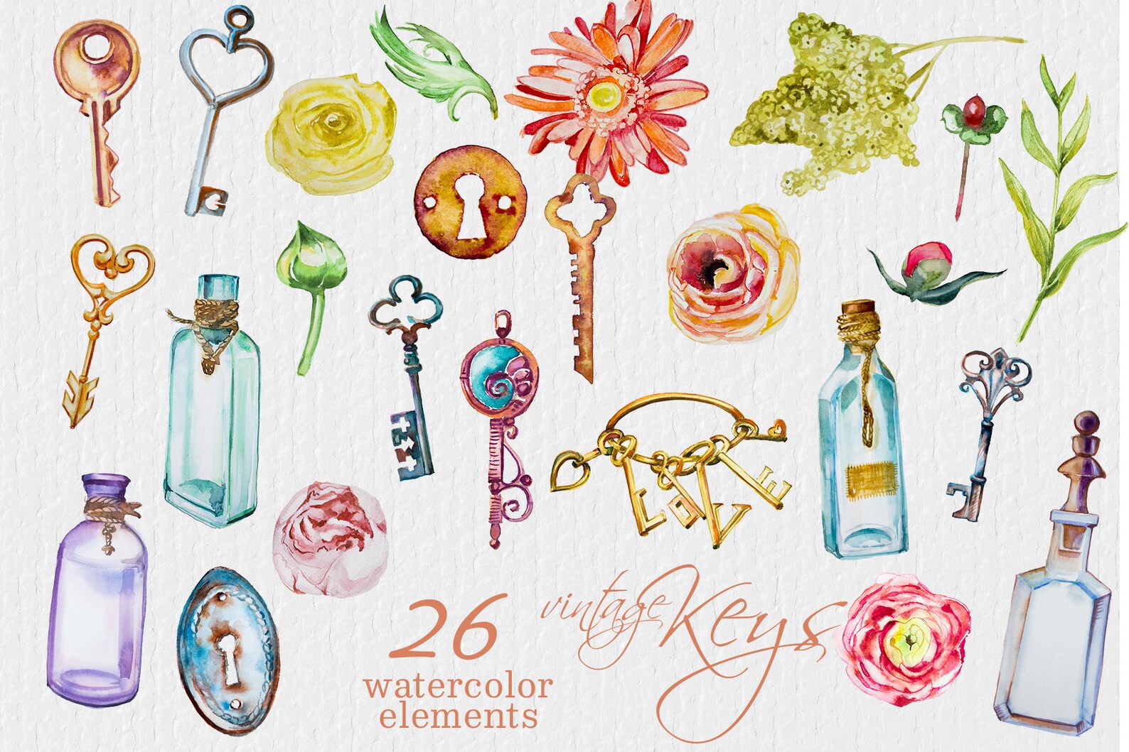 Watercolor Vintage Keys Clipart,handpainted Clipart,wedding Diy,design ...