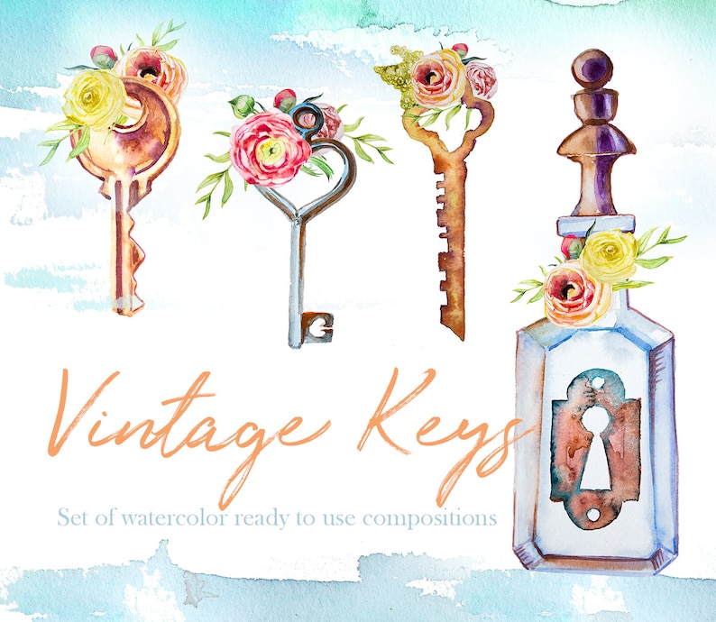 Watercolor Vintage Keys Clipart,ready to Use,wedding Diy,design Element ...