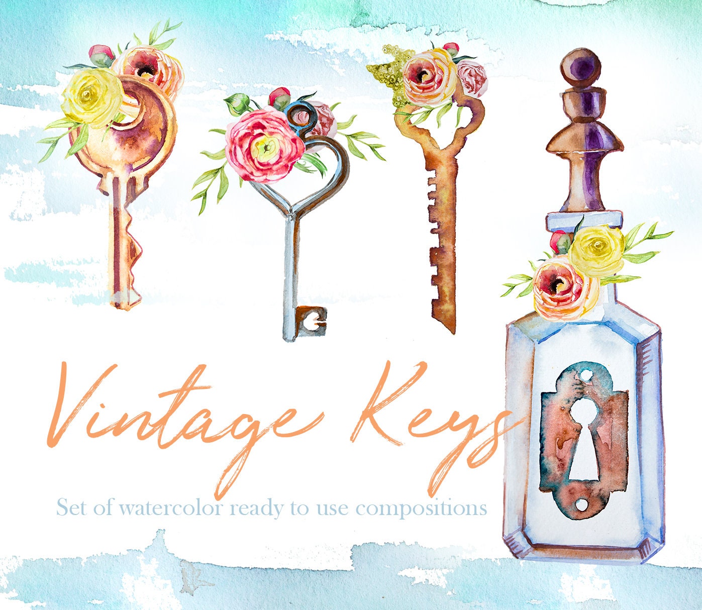 Watercolor Vintage Keys Clipart,ready to Use,wedding Diy,design Element ...