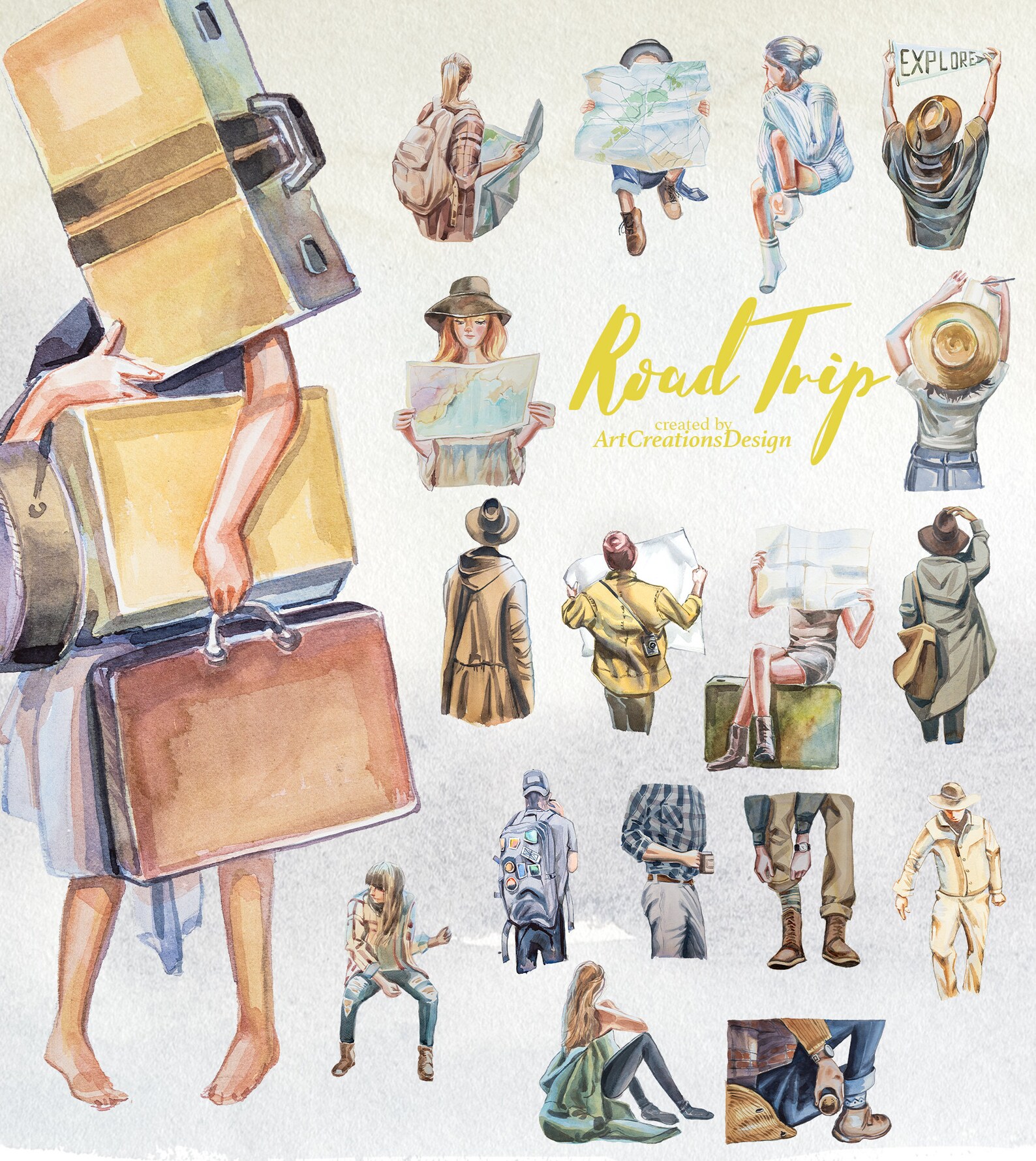 Watercolor Road Trip Clipart Set,camping Illustration, Travel Clipart ...