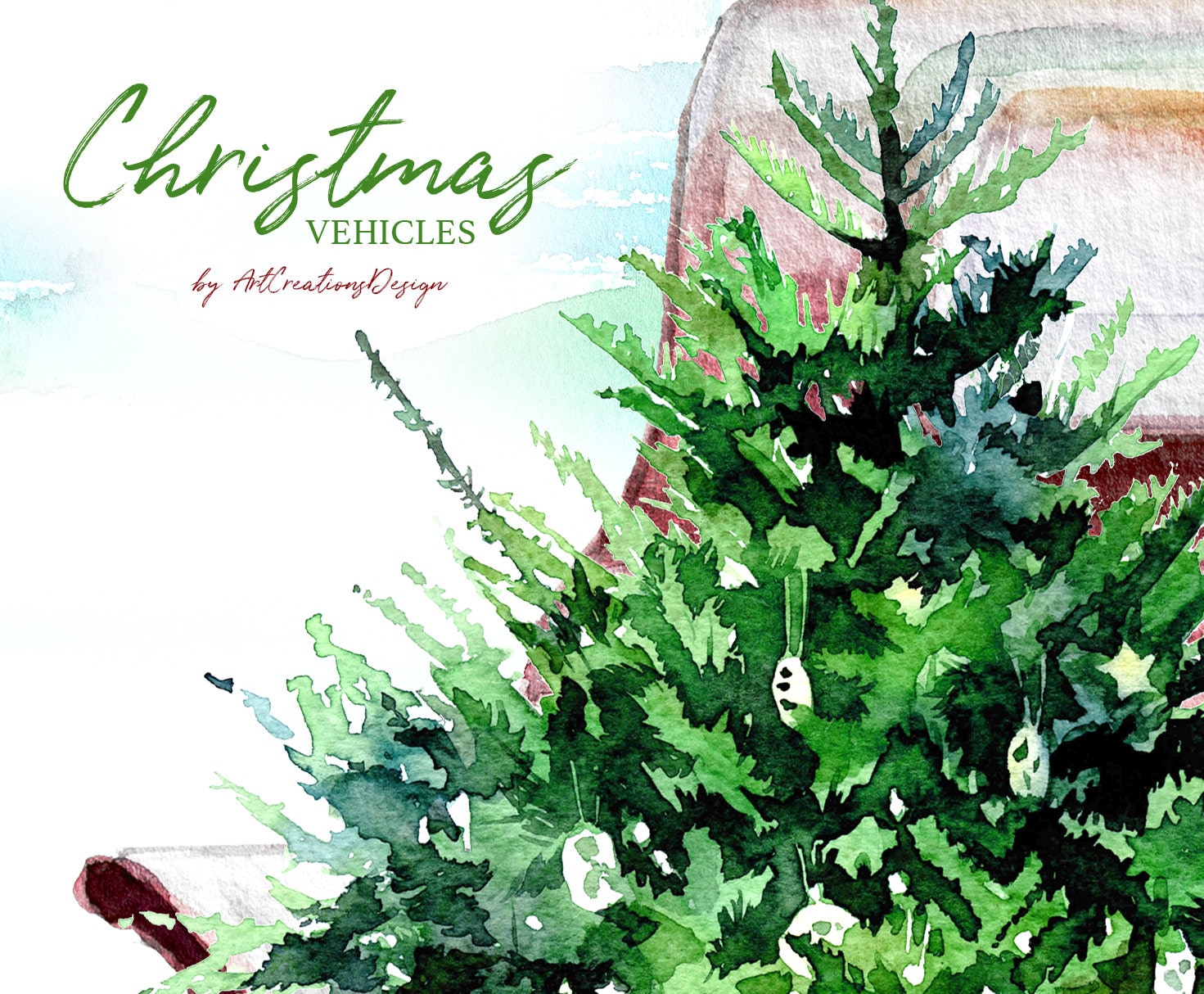 Watercolor Christmas Vehicle Clipart Setchristmas - Etsy