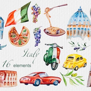 Watercolor Italy Clipart Set,rome,pizza,spaghetti,vespa,flag ...