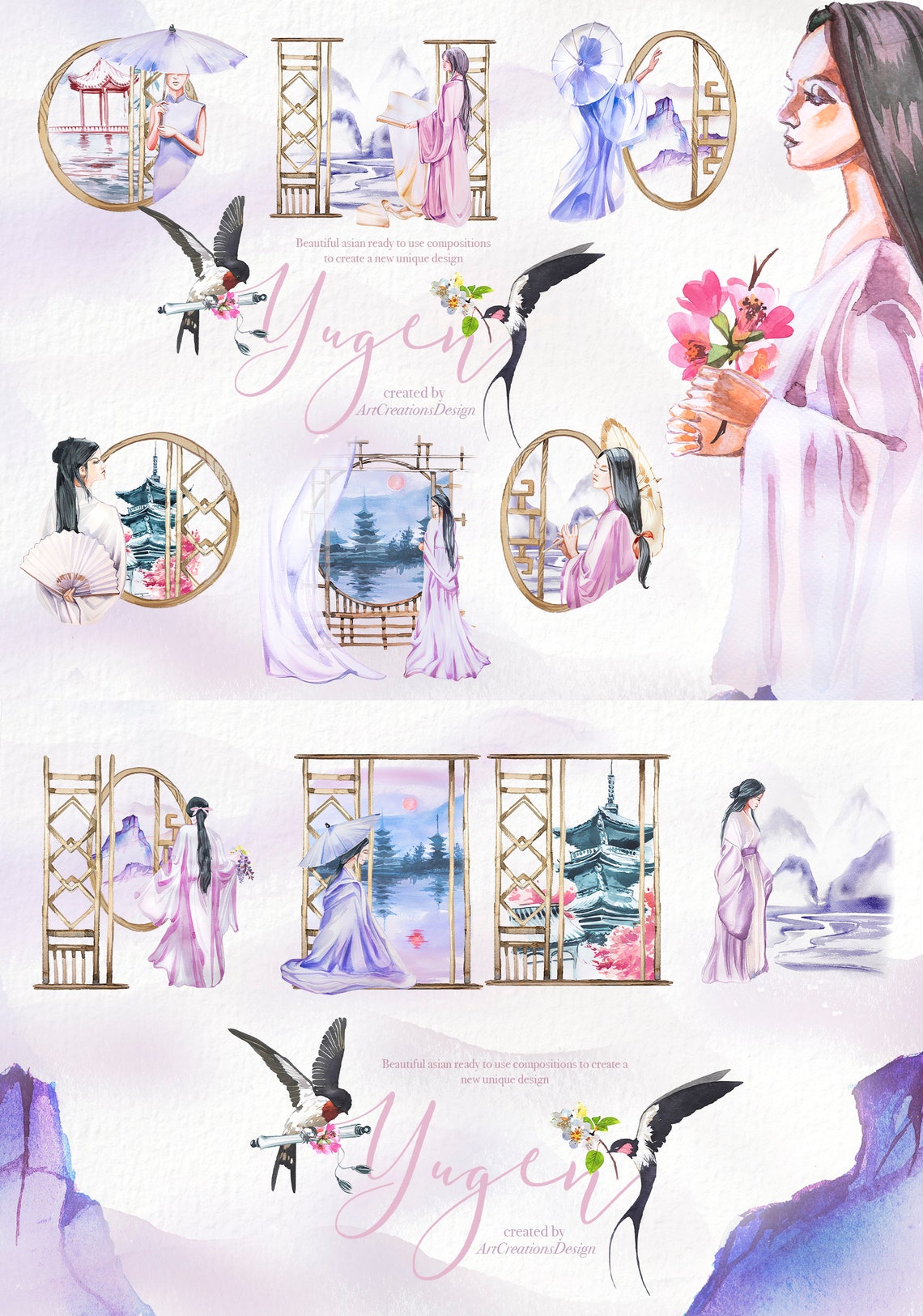Watercolor Yugen Clipart Set,china,japan,culture,architecture,landscape ...