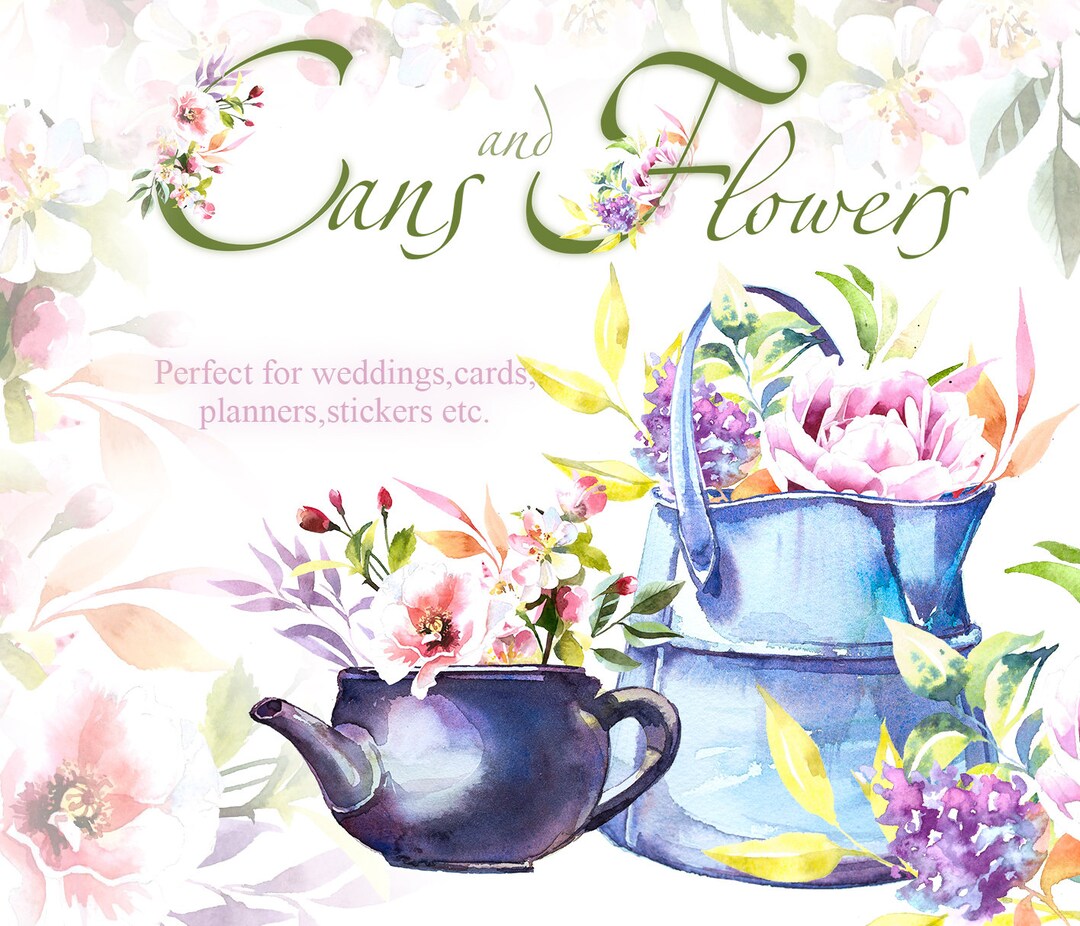 Watercolor Cans&flowers Clipart Set,rustic,cottage,wedding Invitations ...