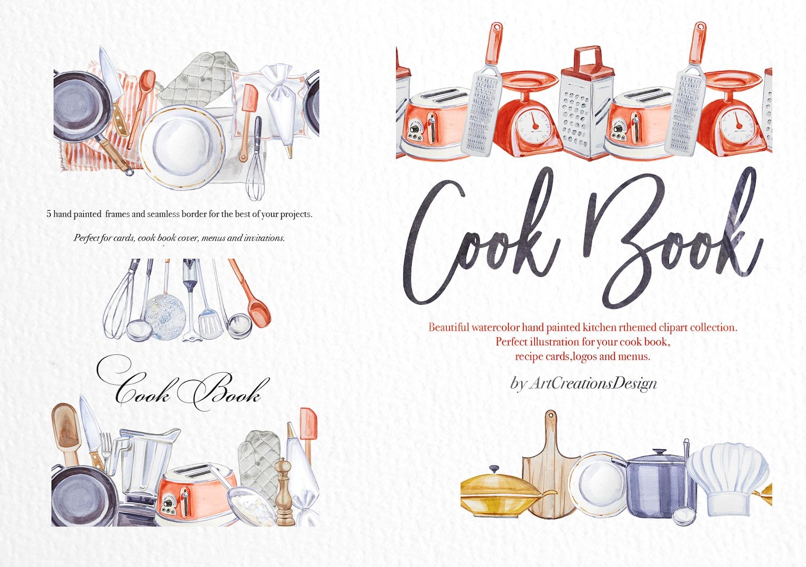 Watercolor Cook Book Clipart Set,cookbook Cover,kitchen Utencils ...