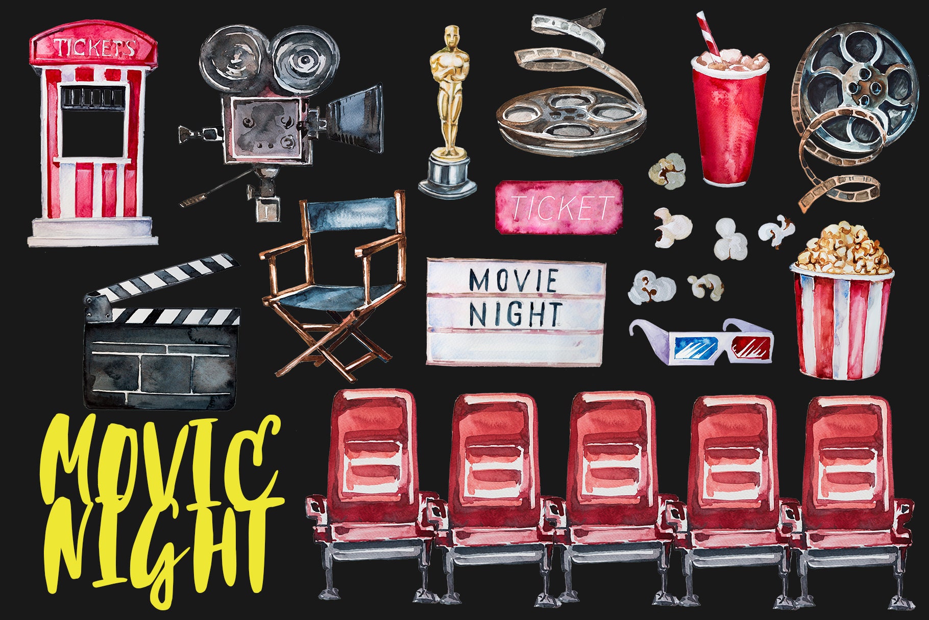 Watercolor Movie Night Clipart | Etsy