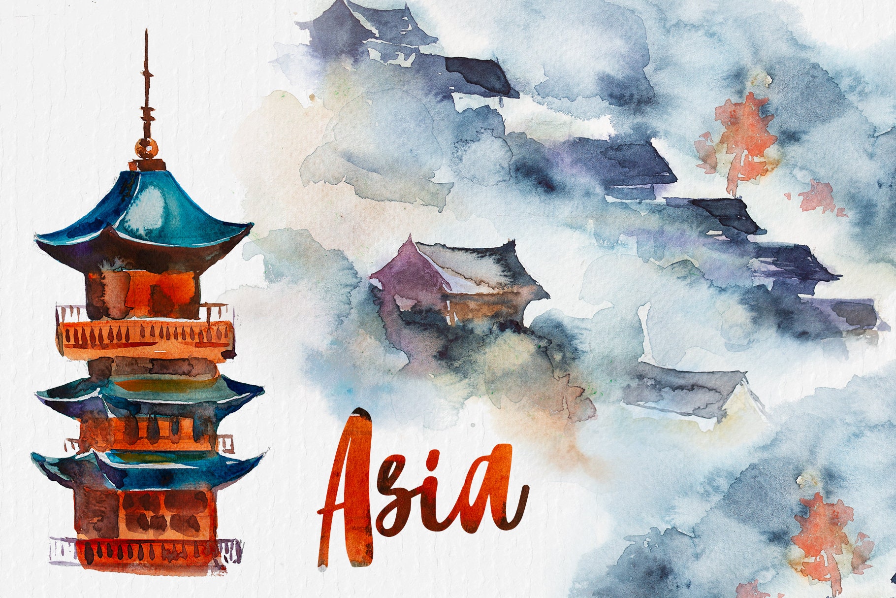 Aquarell Asien Clipart Set Architektur Landschaft China | Etsy