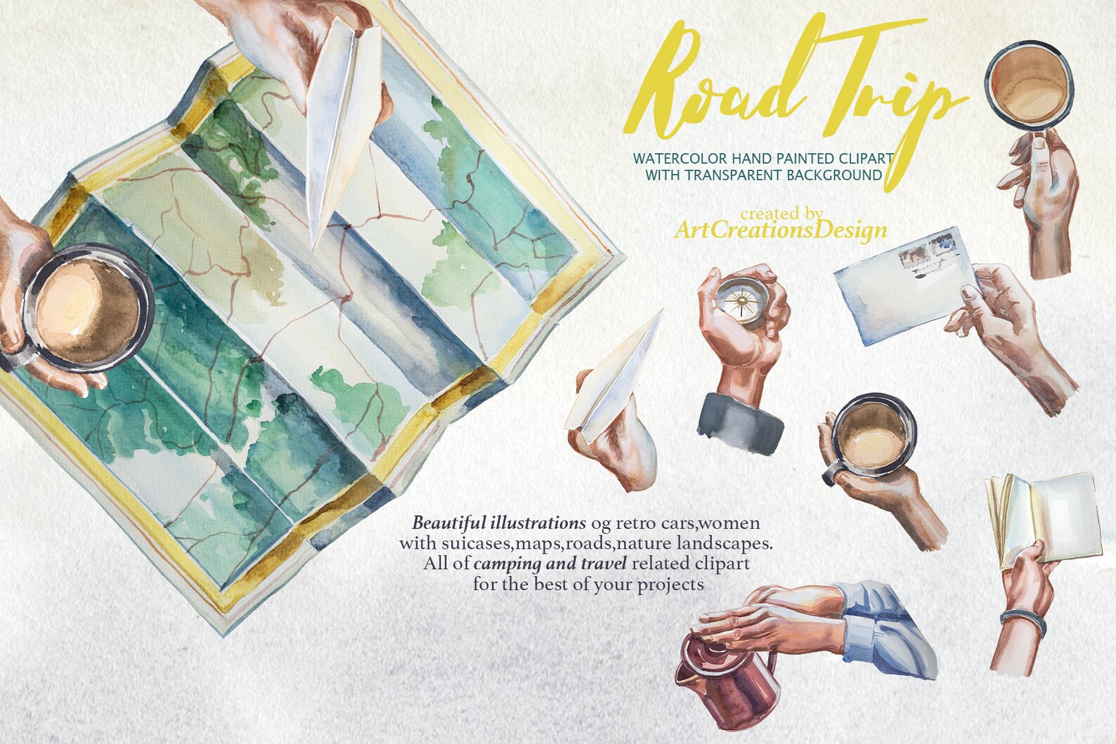 Watercolor Road Trip Clipart Set,camping Illustration, Travel Clipart ...