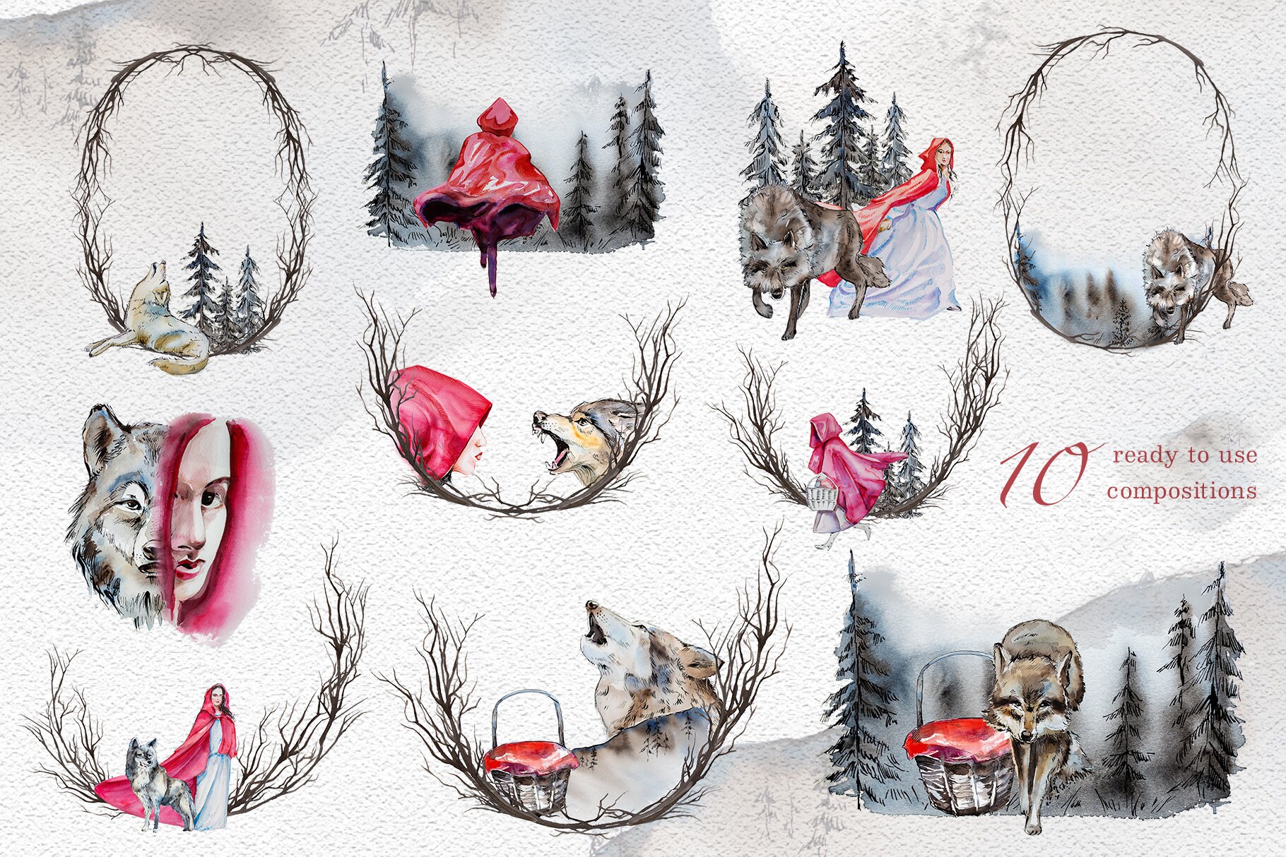 Watercolor Little Red Riding Hood Clipart Set, Fairytale, Fiction ...