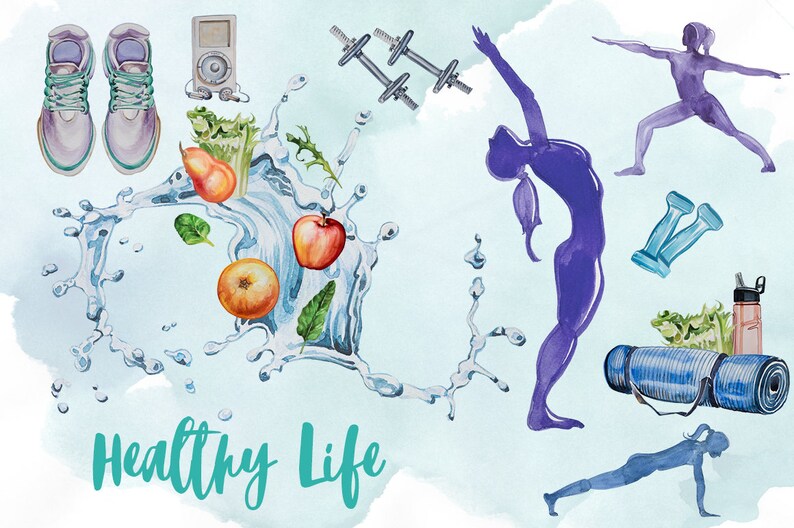 Aquarell Gesundes Leben Clipart Set, Yoga, Sommer, Sport, Fitness ...
