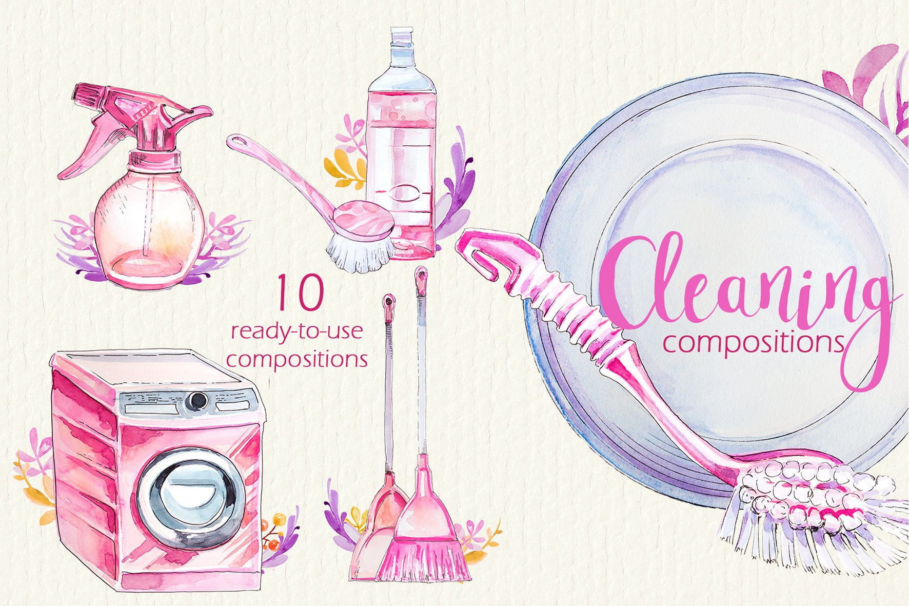 Watercolor Cleaning Compositions Clipart Set,household,tidy Up,washing ...