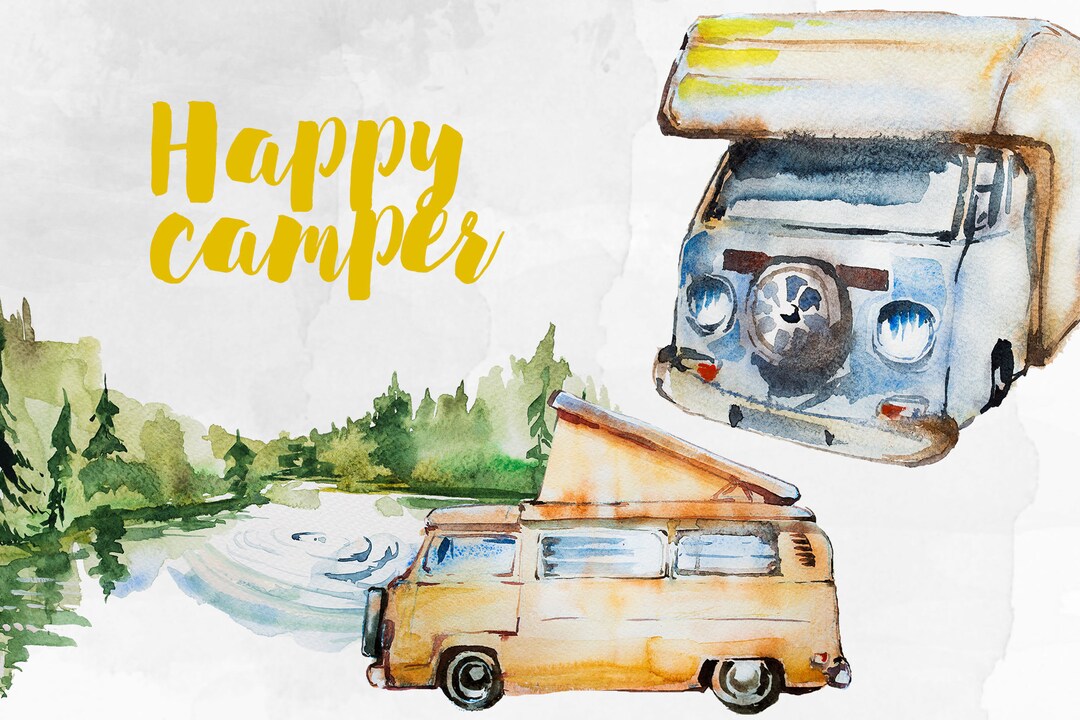Watercolor Happy Camper Clipart Set,illustration,graphic,cmping Trailer ...