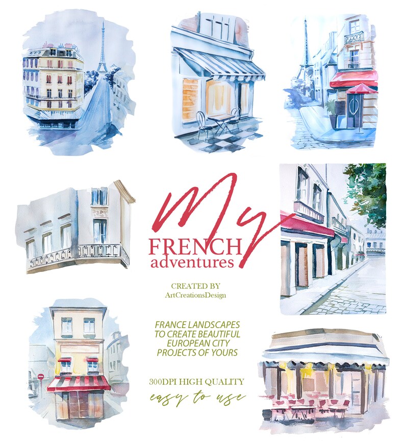Watercolor My French Adventures Clipart Setfrance | Etsy