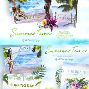 Watercolor Summertime Clipart Bundle,surfing Clipart,girl in Swimsuit ...