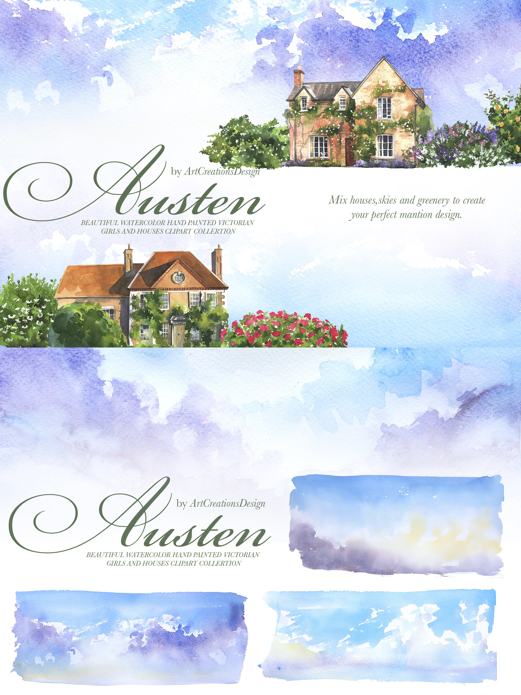 Watercolor Austen Clipart Set Victorian Womanvintage House - Etsy
