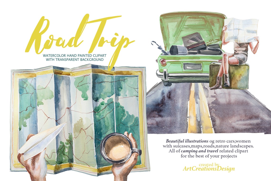 Watercolor Road Trip Clipart Set,camping Illustration, Travel Clipart ...