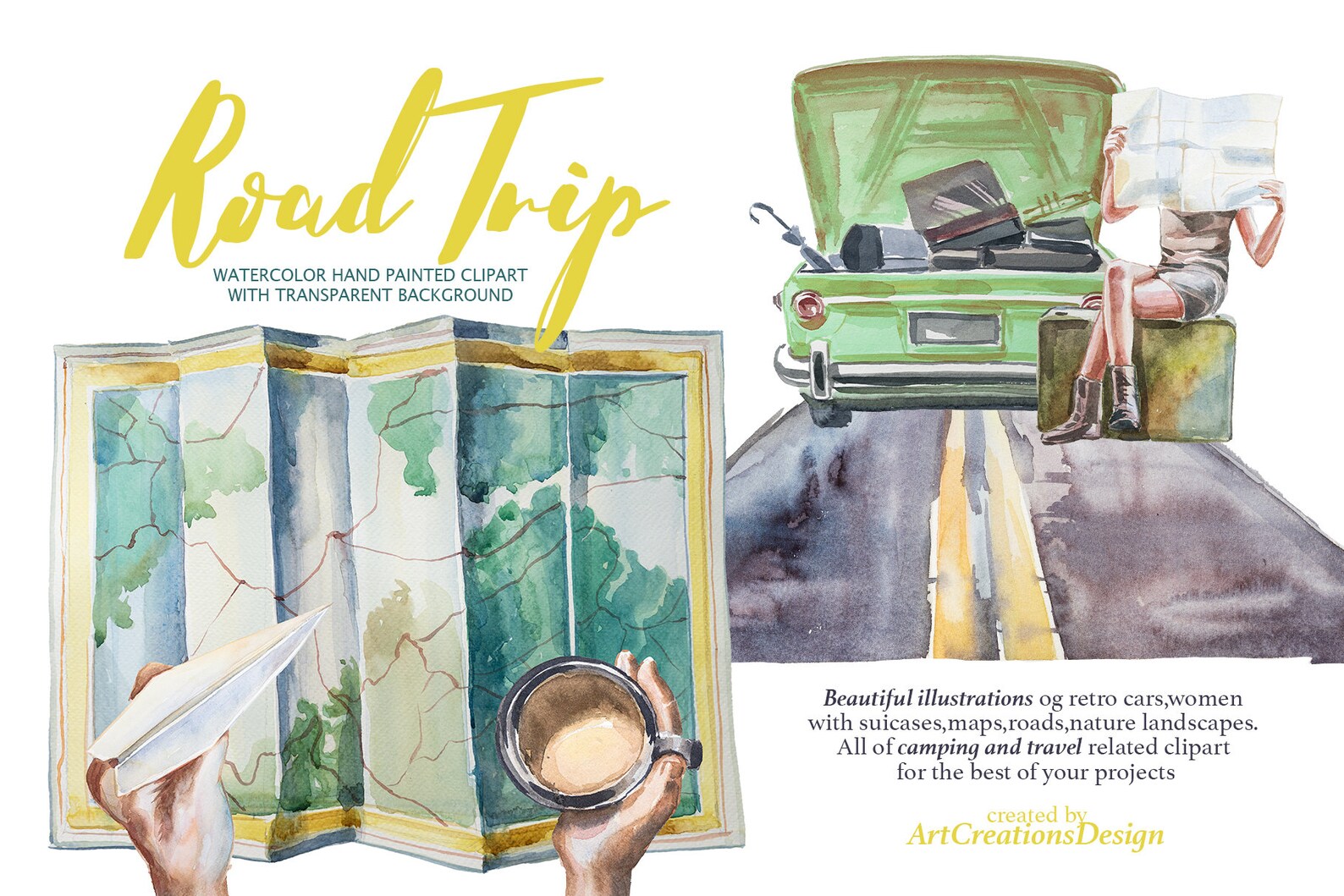 Watercolor Road Trip Clipart Set,camping Illustration, Travel Clipart ...