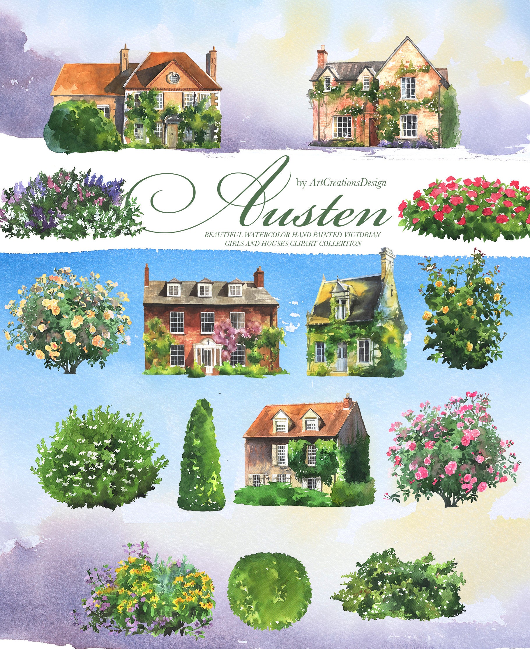 Watercolor Austen Clipart Set Victorian Womanvintage House - Etsy