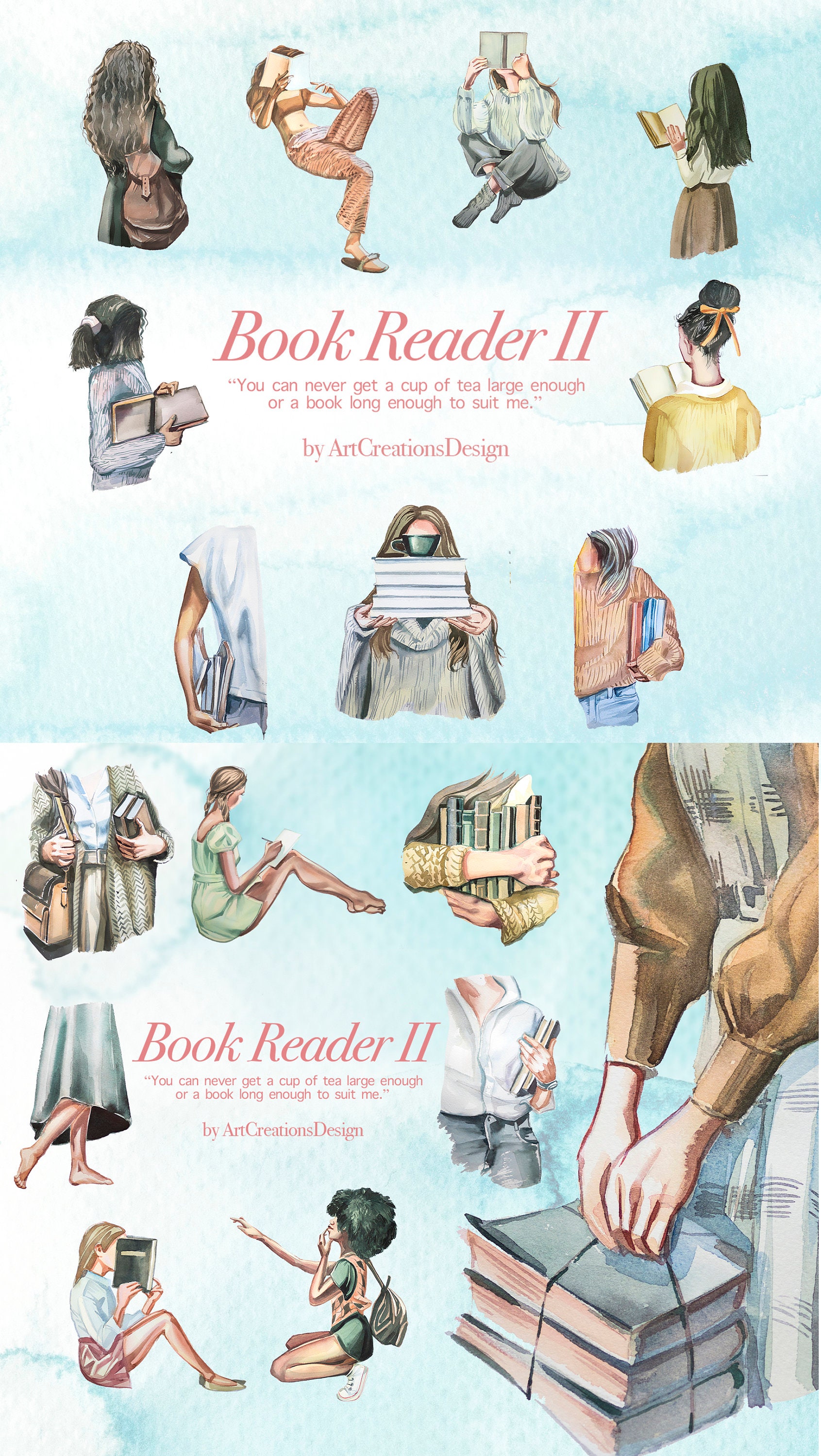 Watercolor Book Reader II Clipart Setbookwormbook Loverbook - Etsy