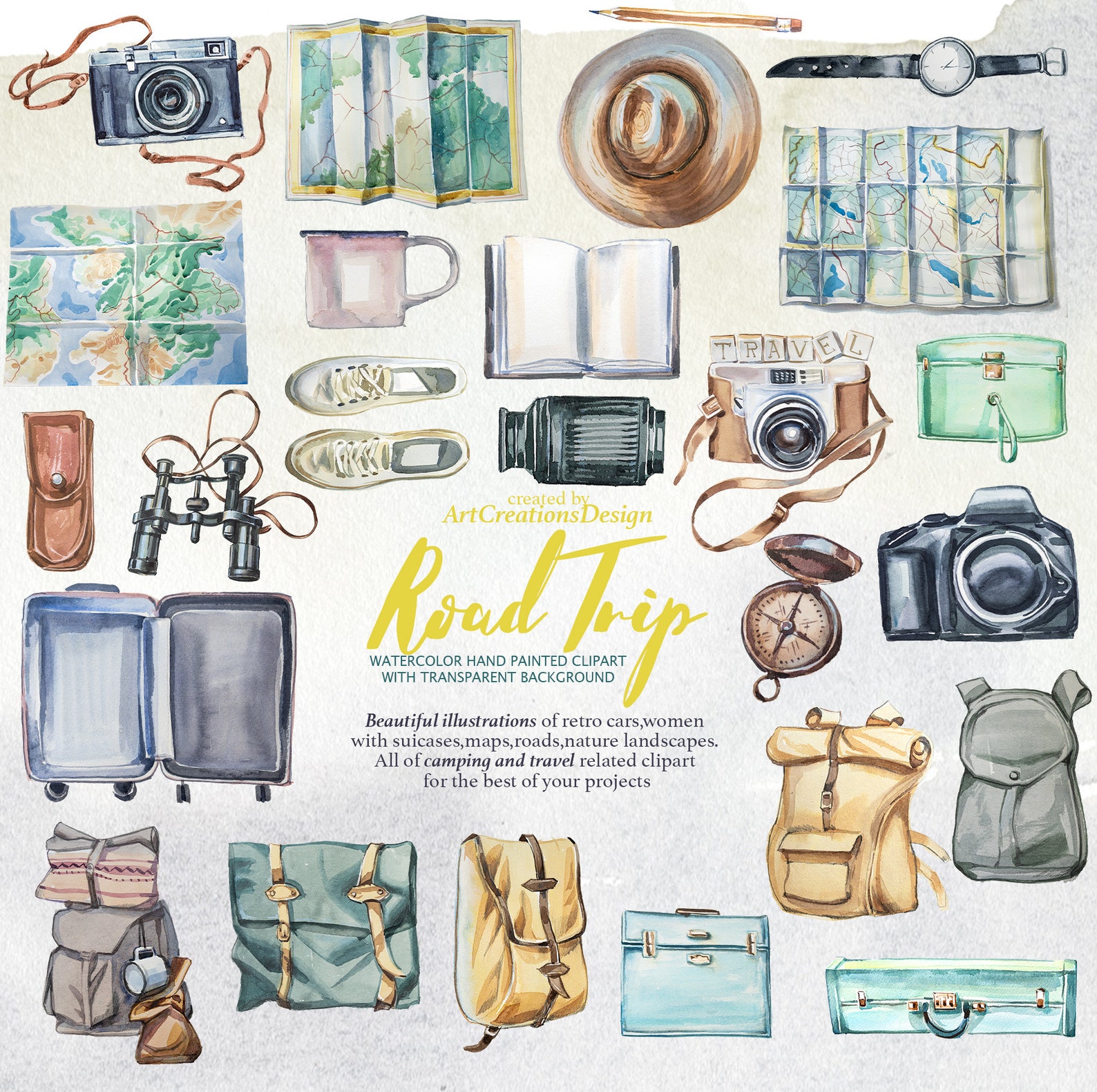 Watercolor Road Trip Clipart Set,camping Illustration, Travel Clipart ...