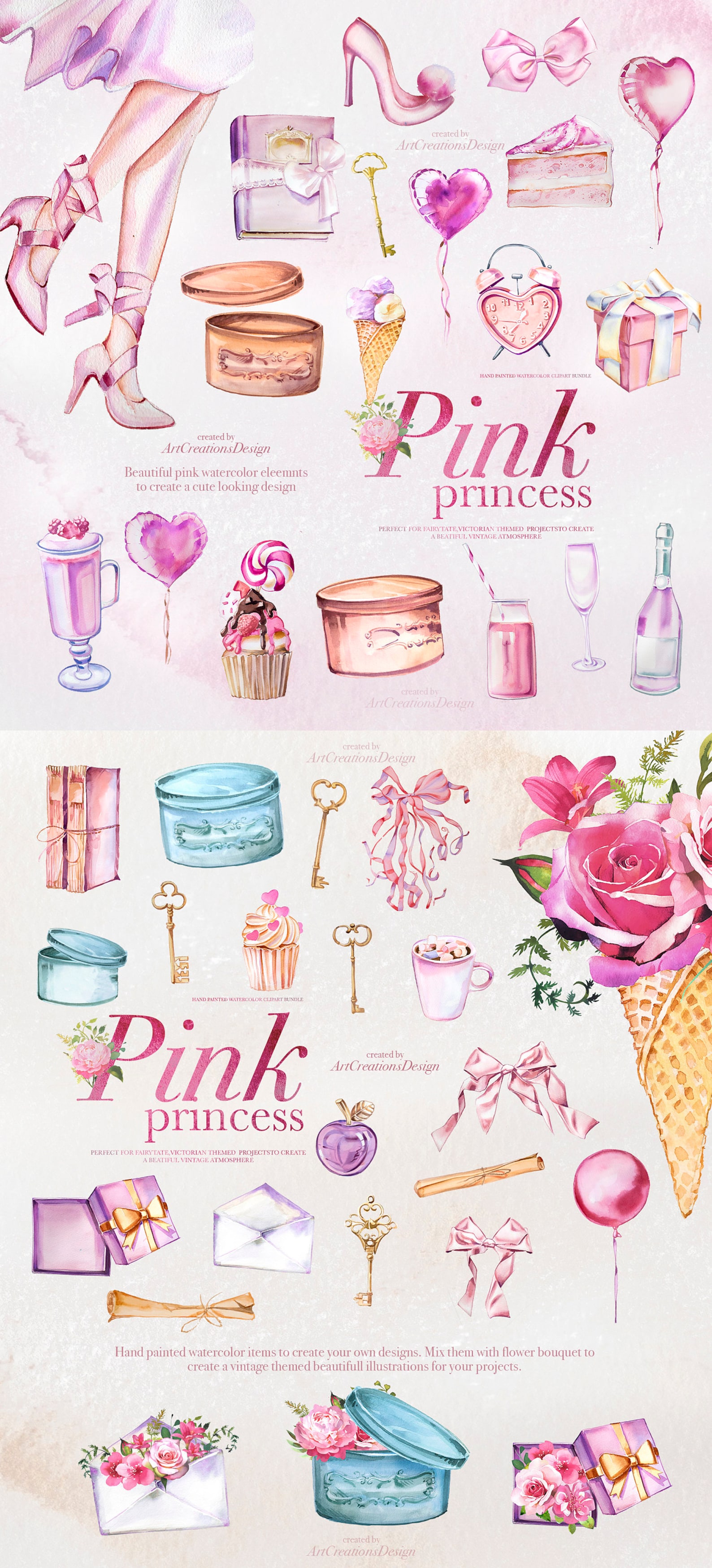 Watercolor Pink Princess Bundlefairytale Clipartgirl - Etsy