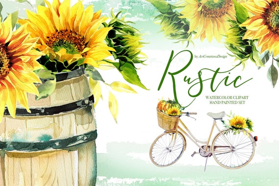 Watercolor Rustic Clipart Setsunflowers Design. Rustic | Etsy