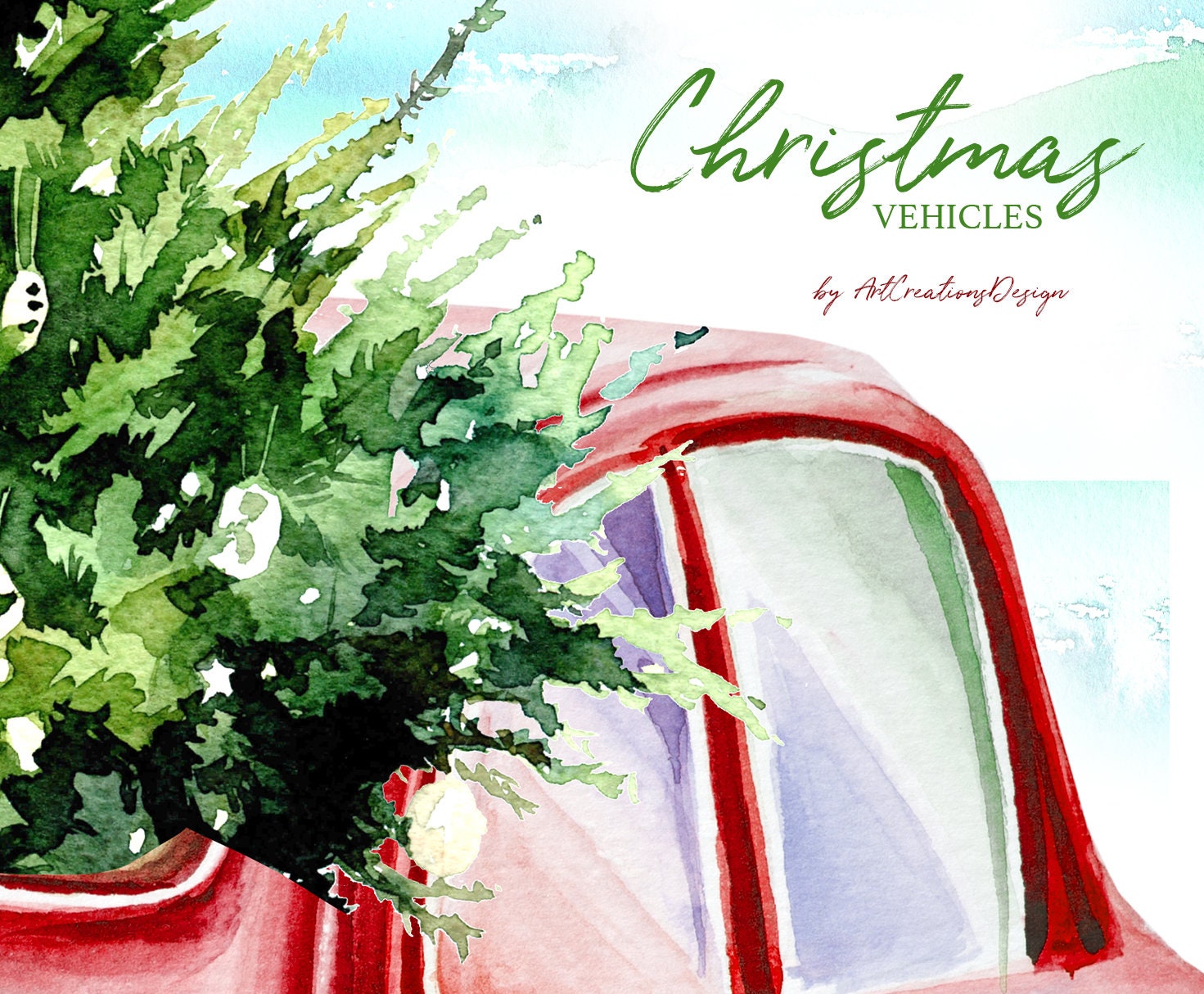 Watercolor Christmas Vehicle Clipart Setchristmas - Etsy