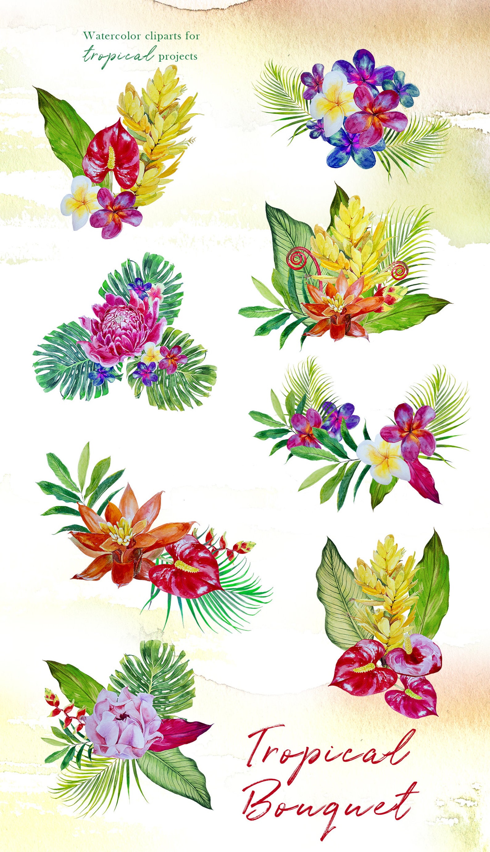 Watercolor Tropical Bouquet Clipart Settropical Flowerspalm - Etsy