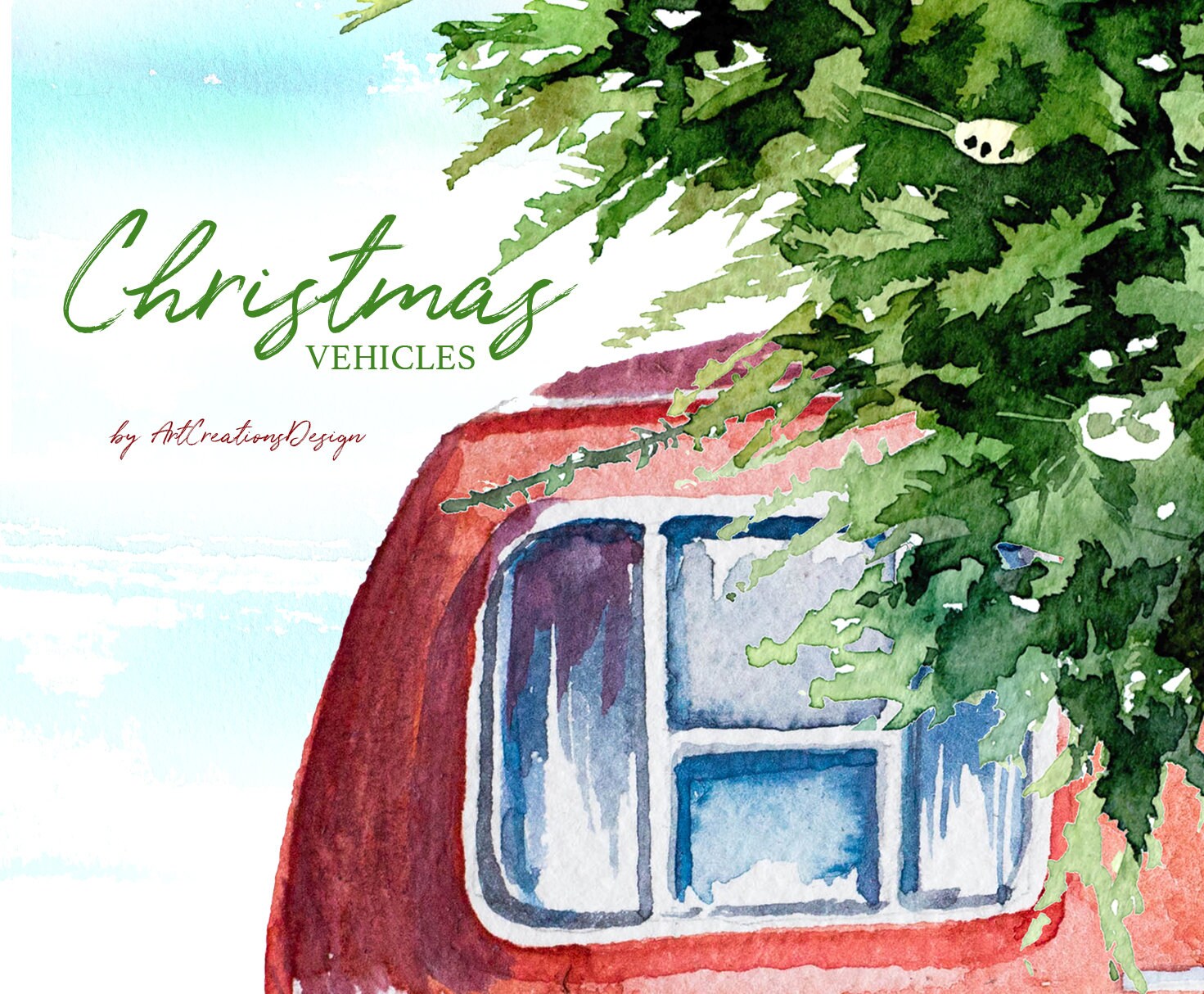 Watercolor Christmas Vehicle Clipart Setchristmas - Etsy