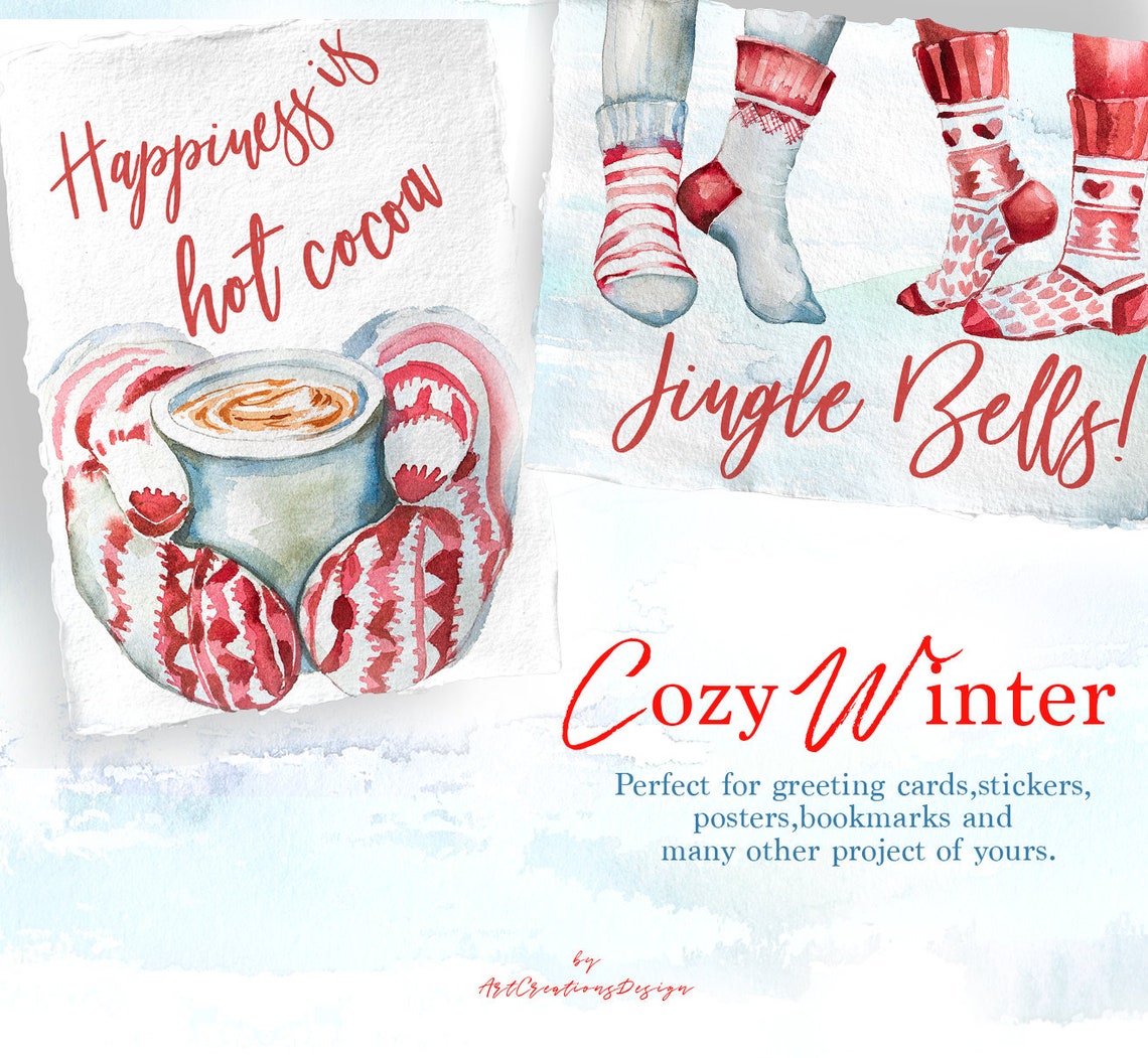 Watercolor Cozy Winter Clipart Setchristmas | Etsy