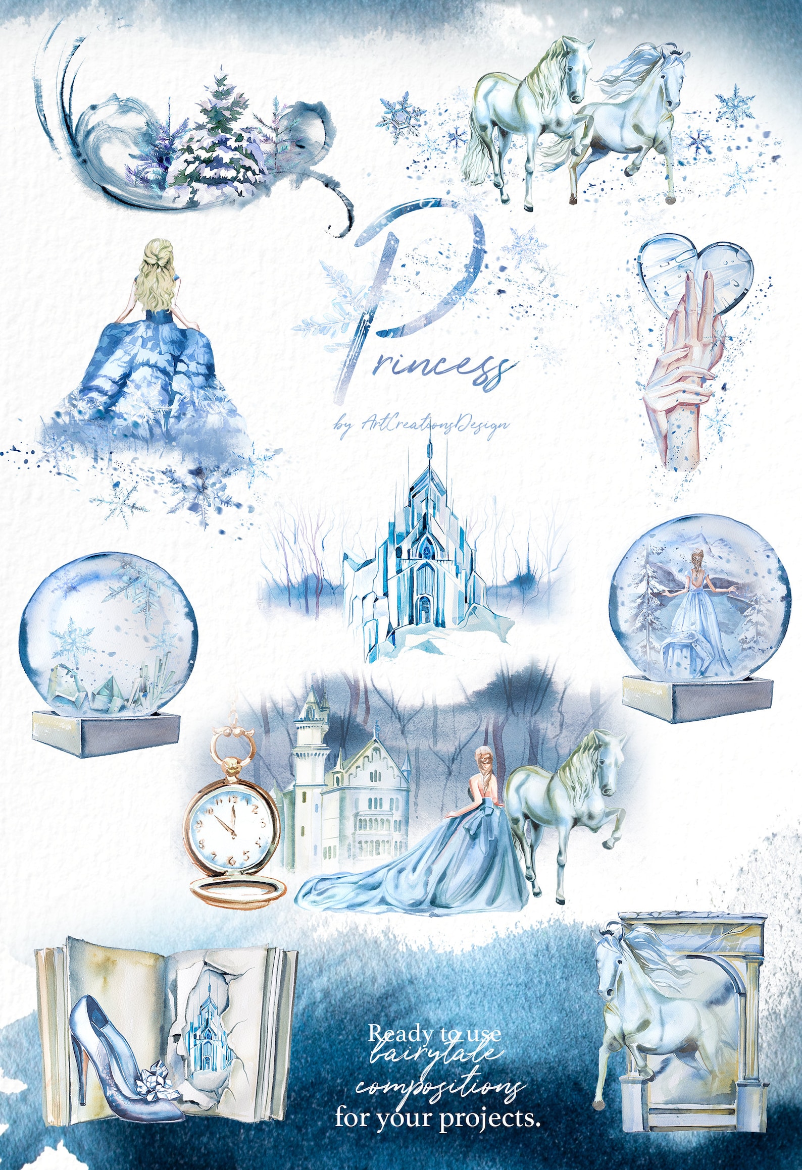 Watercolor Princess Clipart Setfairytale Illustrationfantasy | Etsy