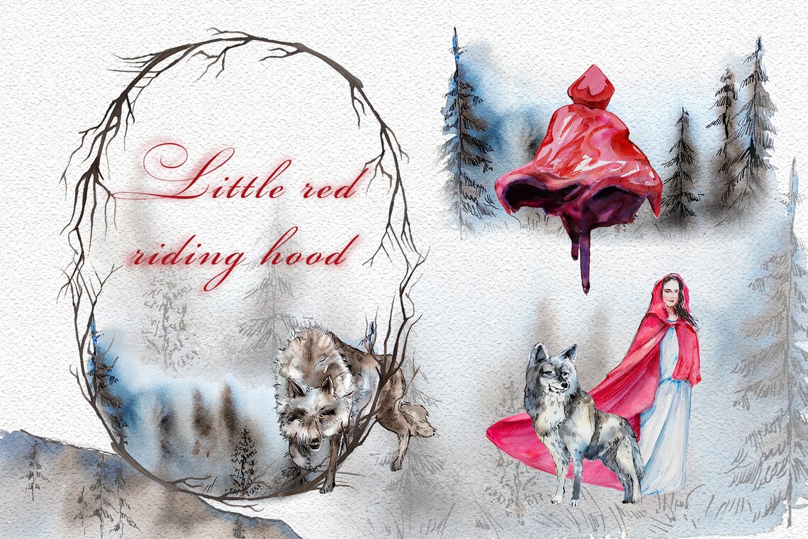 Watercolor Little Red Riding Hood Clipart Set, Fairytale, Fiction ...