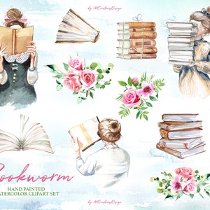 Watercolor Bookworm Clipart Set,book Lover,girl Reading a Book,book ...