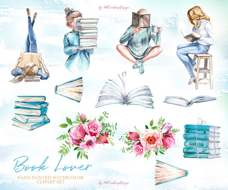 Watercolor Book Lover Clipart Setstudentgirl Reading a - Etsy