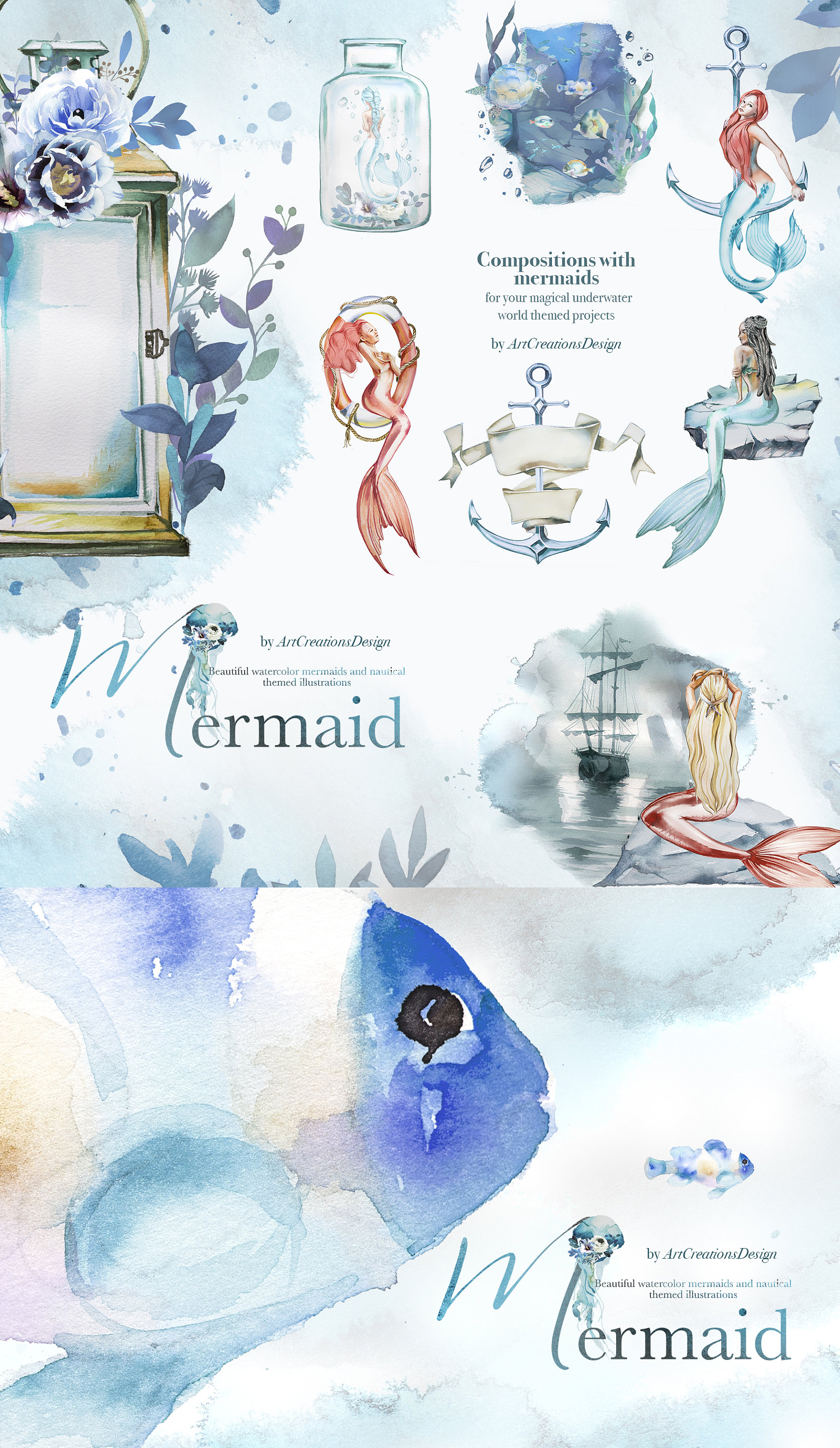 Watercolor Mermaid Clipart Set,fairytale Illustration,magic Design ...