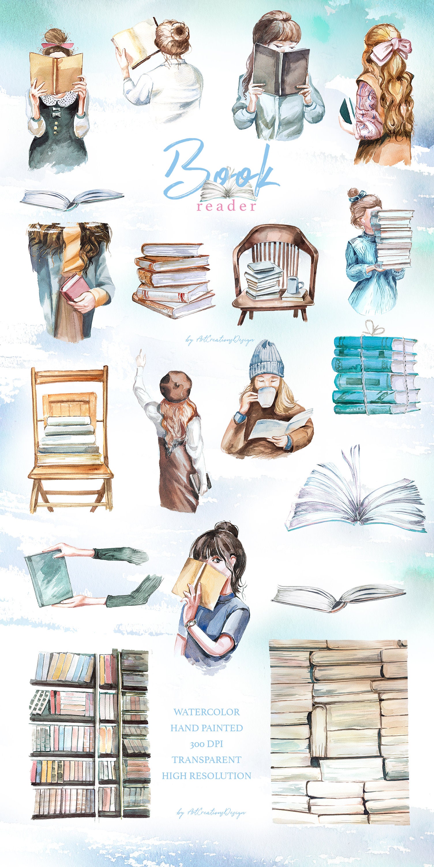 Watercolor Book Reader Clipart Setbookwormbook Loverbook - Etsy