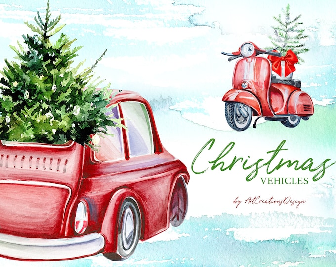 Watercolor Christmas Vehicle Clipart Setchristmas - Etsy