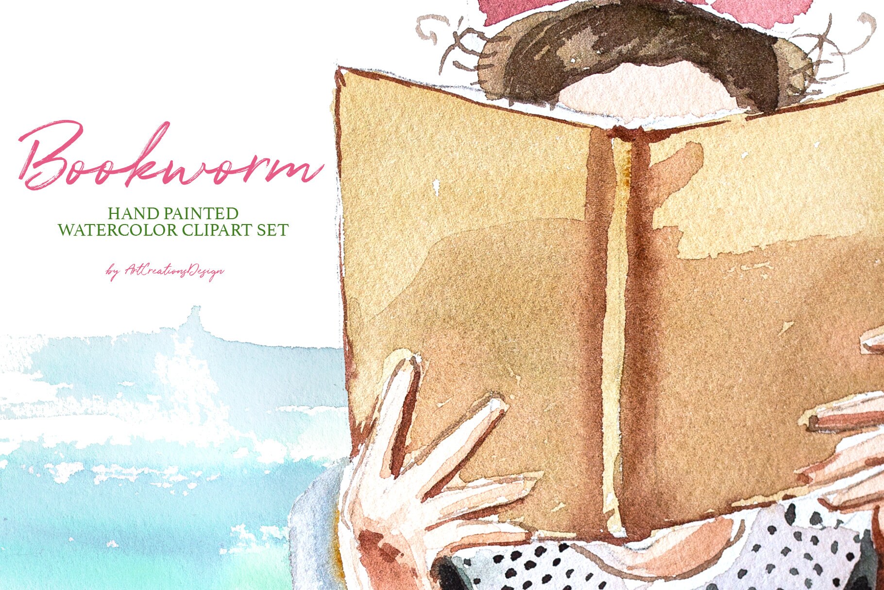 Watercolor Bookworm Clipart Set,book Lover,girl Reading a Book,book ...