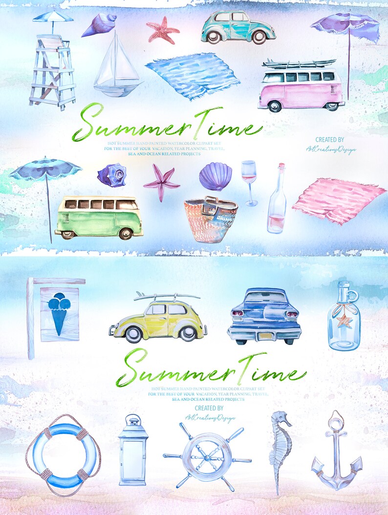 Watercolor Summertime Clipart Bundlesurfing Clipartgirl in - Etsy