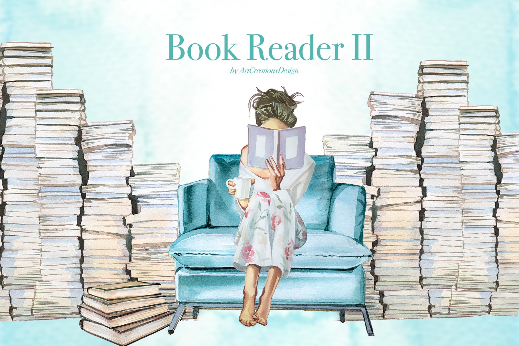Watercolor Book Reader II Clipart Set,bookworm,book Lover,book Stack ...