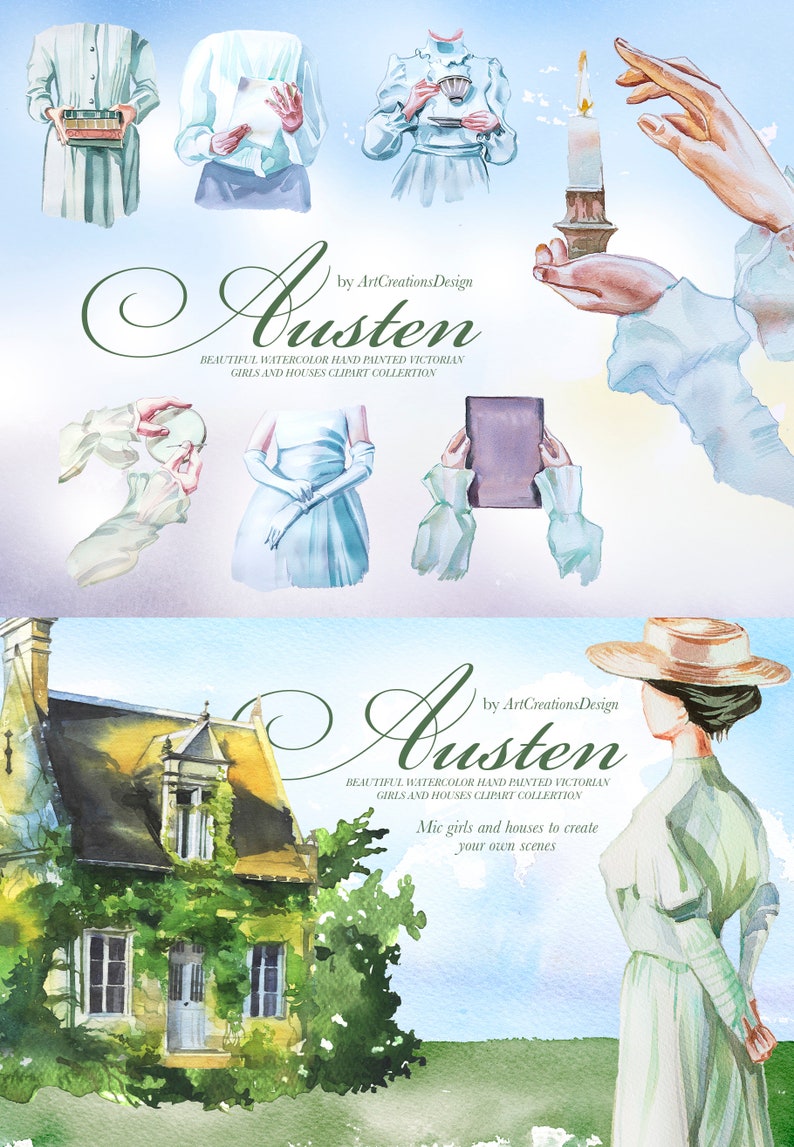 Watercolor Austen Clipart Set Victorian Womanvintage House - Etsy
