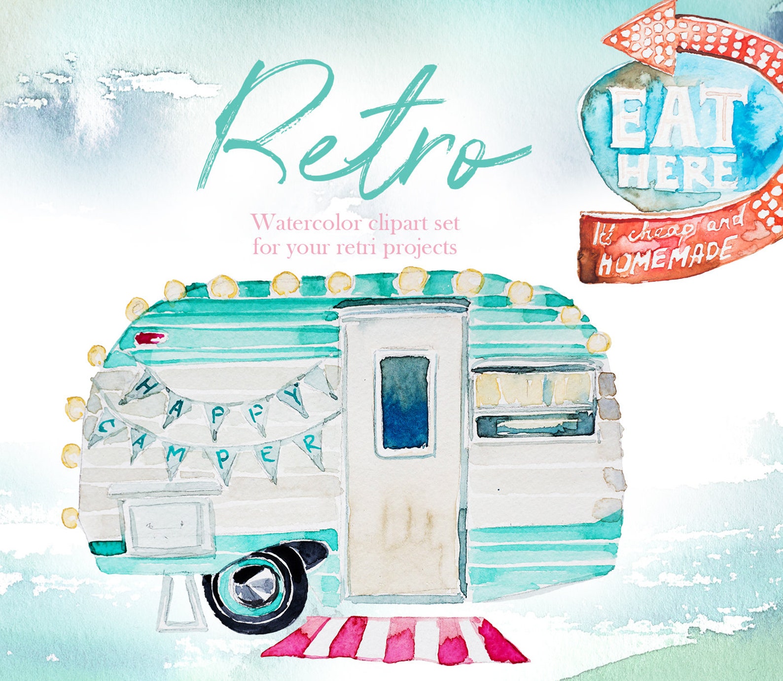 Watercolor RETRO Bundle Clipart,vintage Watercolor,digital Scrapbooking ...