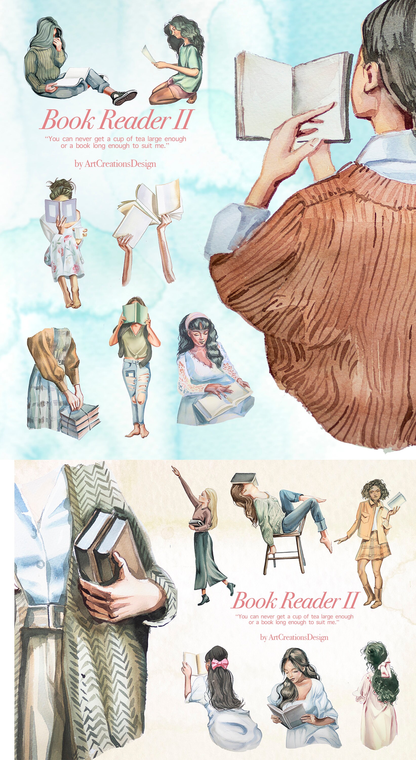 Watercolor Book Reader II Clipart Setbookwormbook Loverbook - Etsy